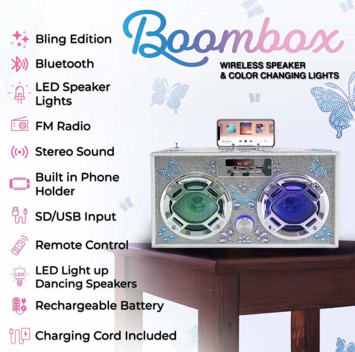 Butterfly Bling Bluetooth Boombox – Squared Girl
